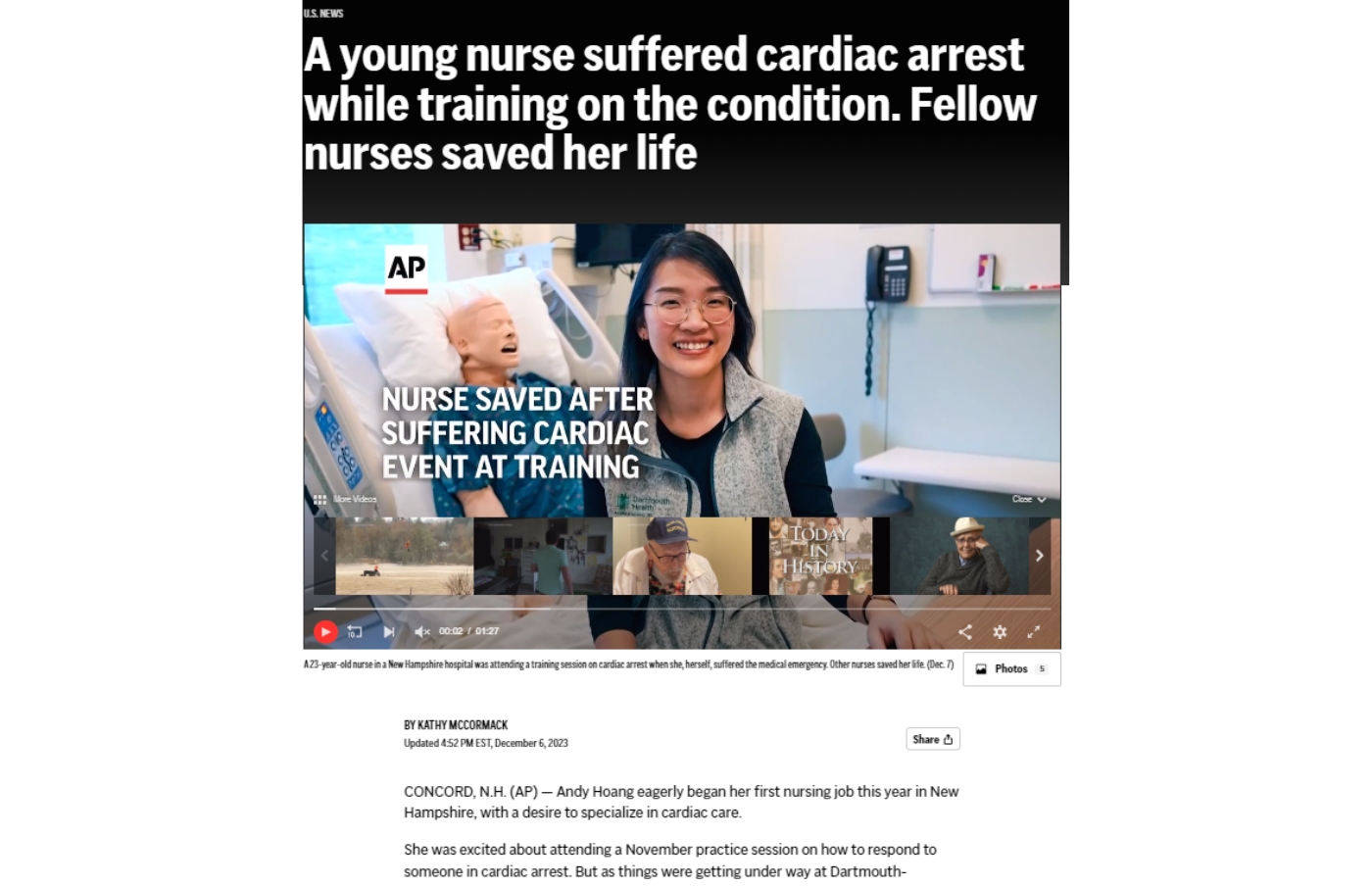 Associated Press: DHMC nurse saved by colleagues during cardiac arrest—while training to treat ...